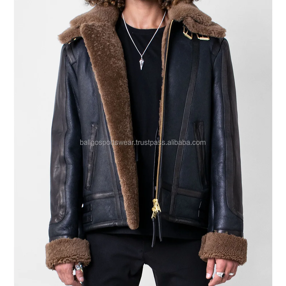 Men's B-3 Shearling Leather Bomber Jacket New Vintage Style Sheepskin ...