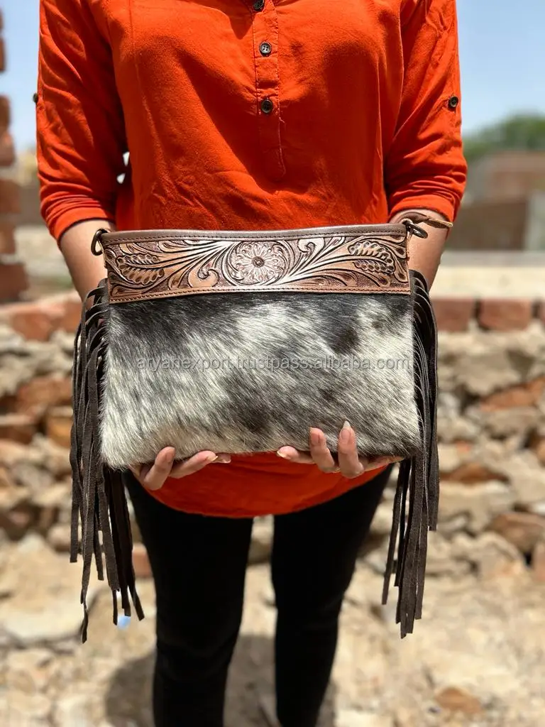Hand Tooled Hair On Hide Fur Leather Fringe Handbag Stylish Women ...