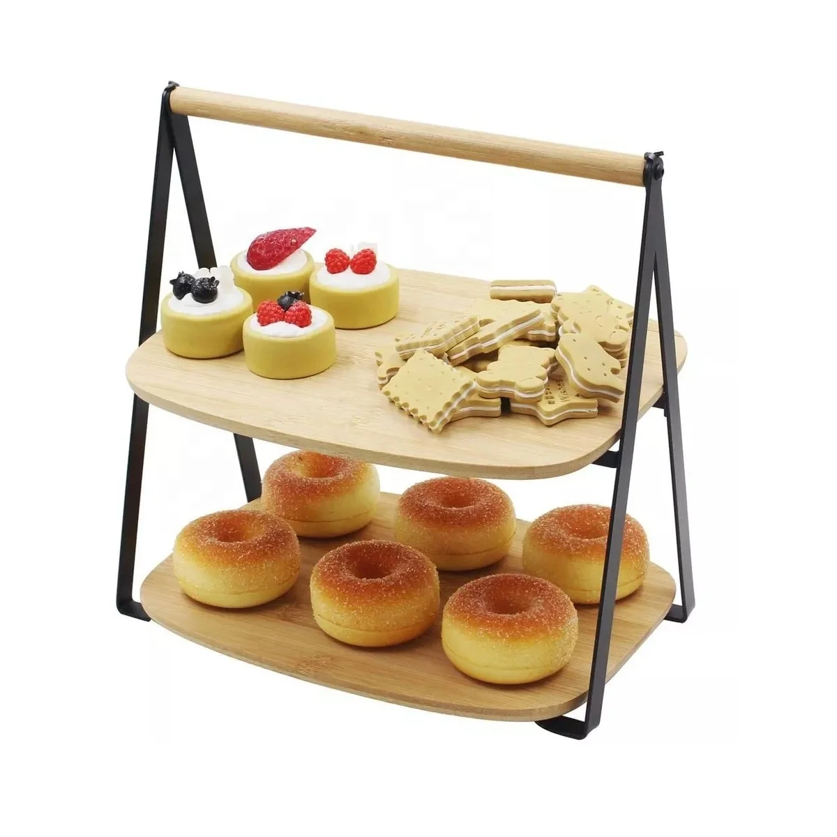 Sustainable Designed Two Tier Wooden Cake Stand With Metallic Frame ...