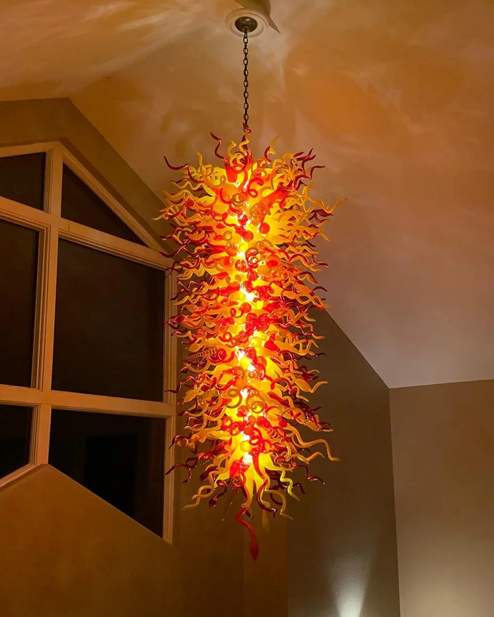 Luxury Chihuly Style Fire Red Yellow Hand Blown Glass Pendant Light ...