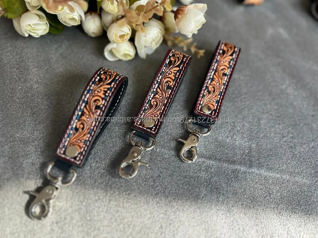 Hand Carved Tooled Leather Key Chains Embossed Floral Print Leather Key ...