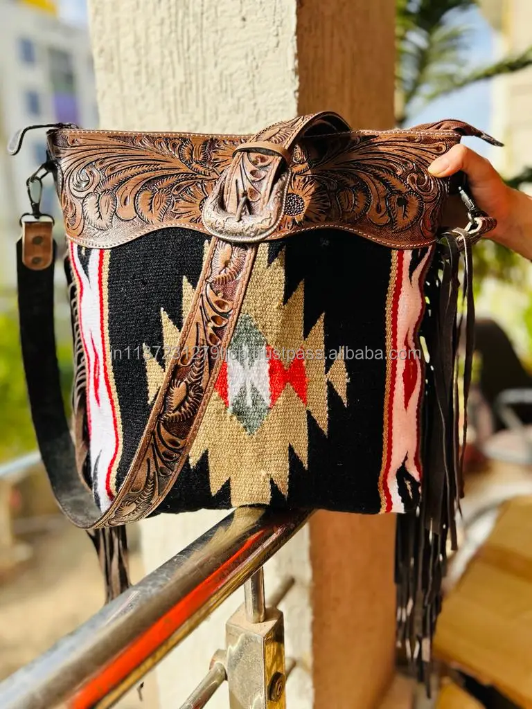 New Western Traditional Style Aztec Tooled Leather Handbag Women's ...
