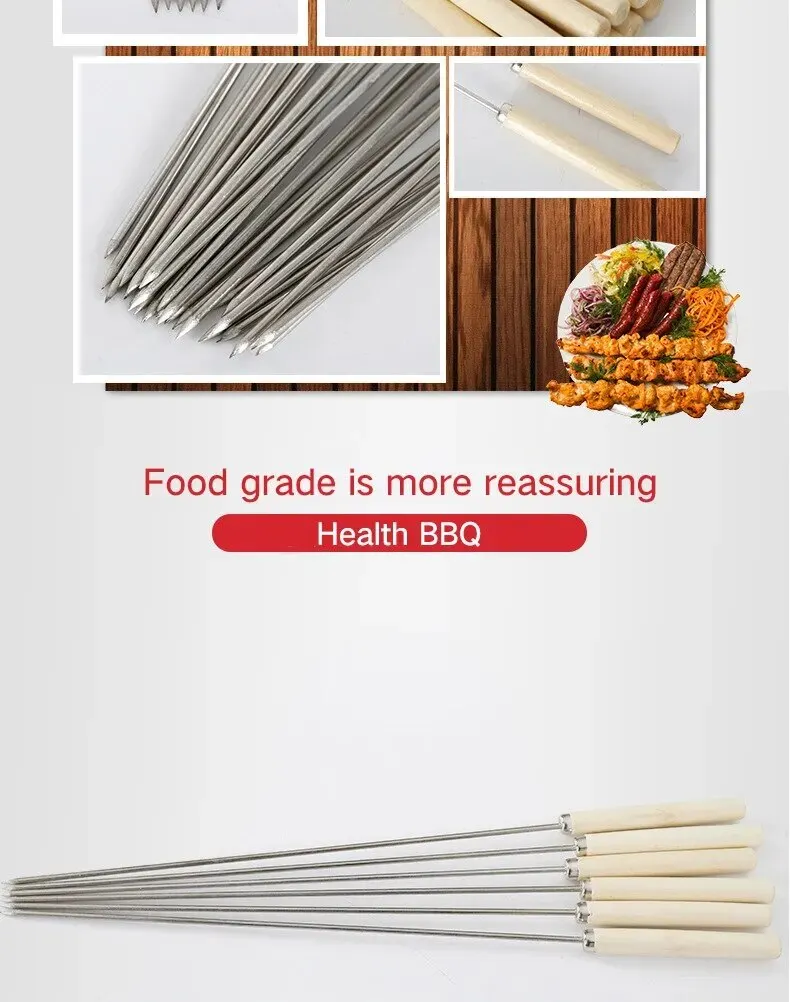 Flat Barbecue Stick Bbqneedle With Wooden Handle Brochette Tong Kebabe ...