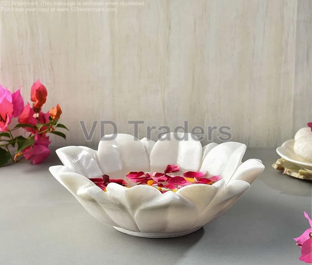 Hand Carved White Marble Lotus Flower Shaped Urli For Flower Fruits Or ...