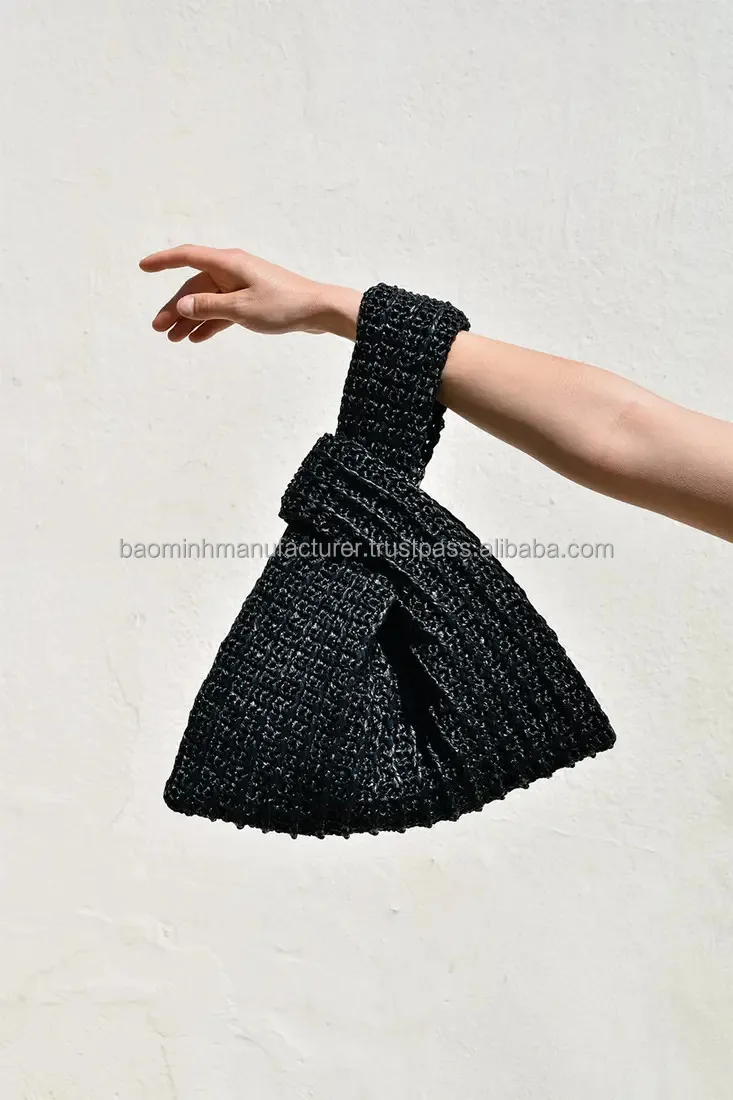 Vietnam Handicraft Black Straw Raffia Knot Bag - Bohemian Style