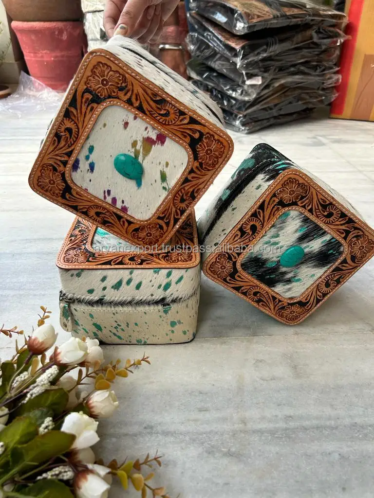 New Western Stylish Handcrafted Tooled Metallic Fur Leather Jewelry ...