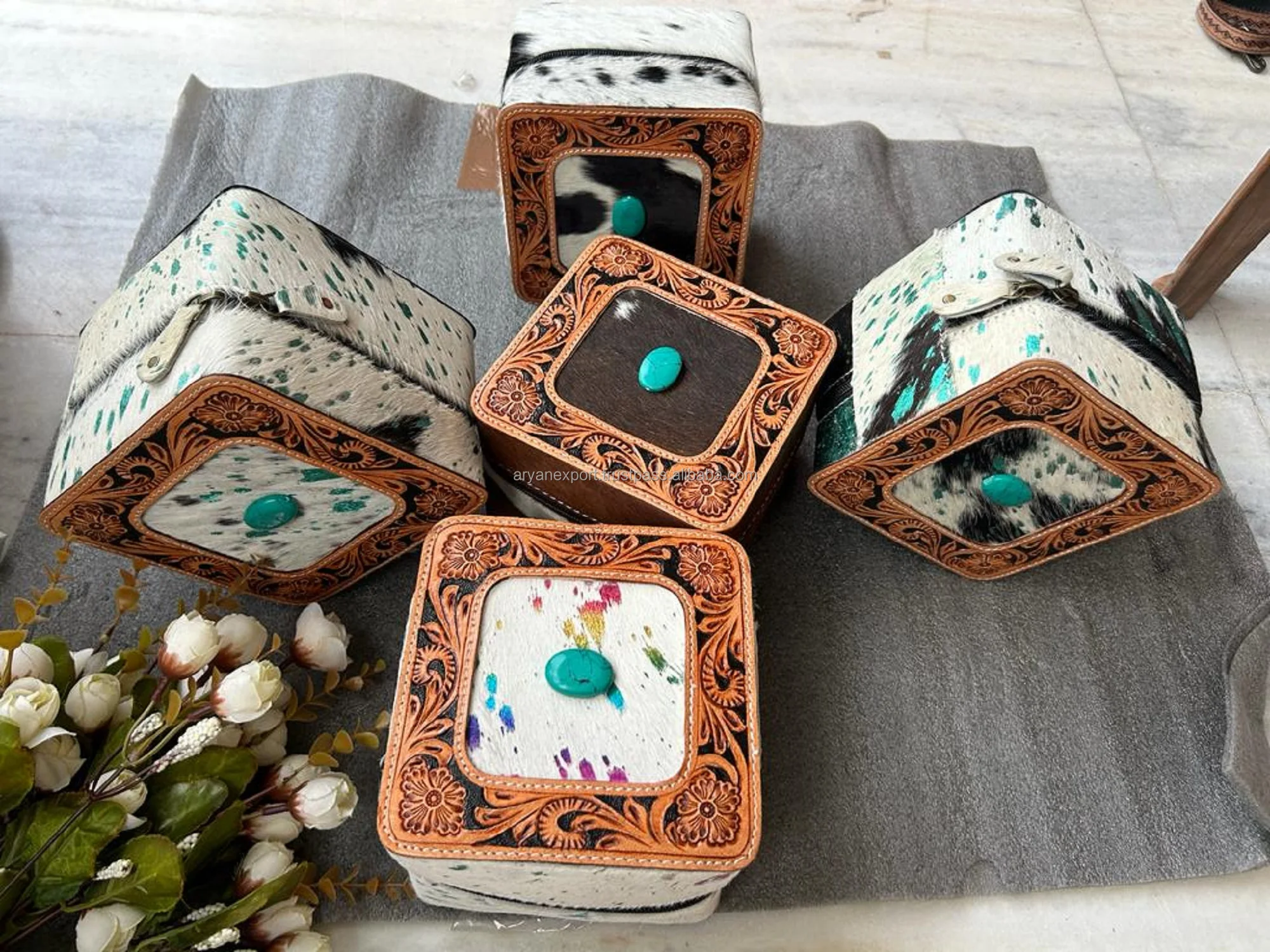 New Western Stylish Handcrafted Tooled Metallic Fur Leather Jewelry ...