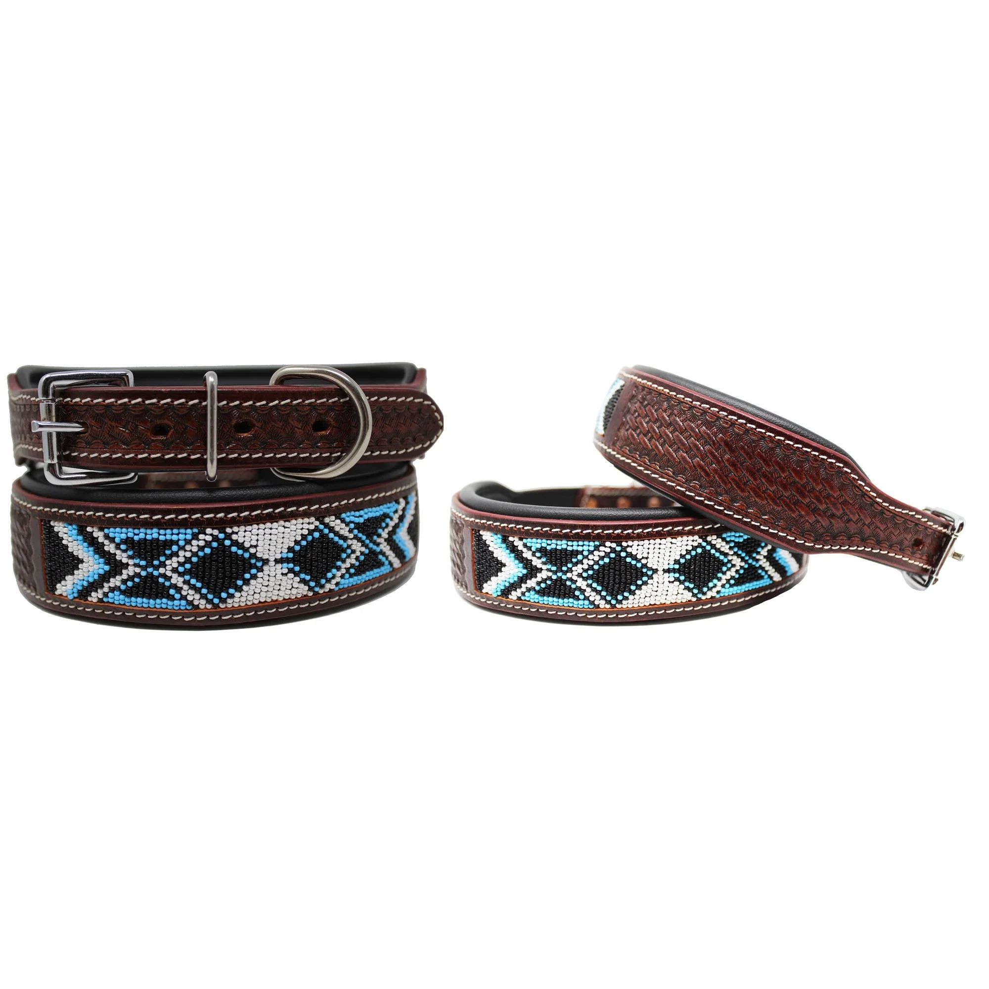 Rodeo Style Genuine Cow Leather Soft Padded Colorful Beaded Dog Collar ...