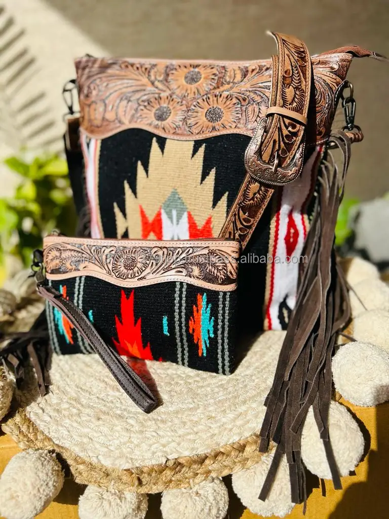 New Western Traditional Style Aztec Tooled Leather Handbag Women's ...