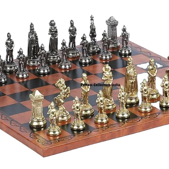 Brass Victorian Chessmen & Tooled Leatherette Board chess set/ silver ...