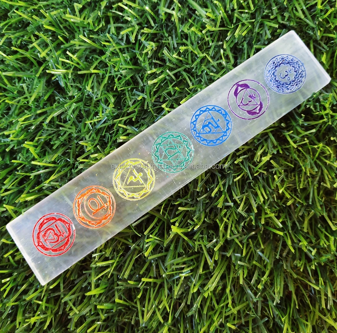 Selenite Seven Chakra Symbols Engraved Selenite Stick Plate Wands For ...