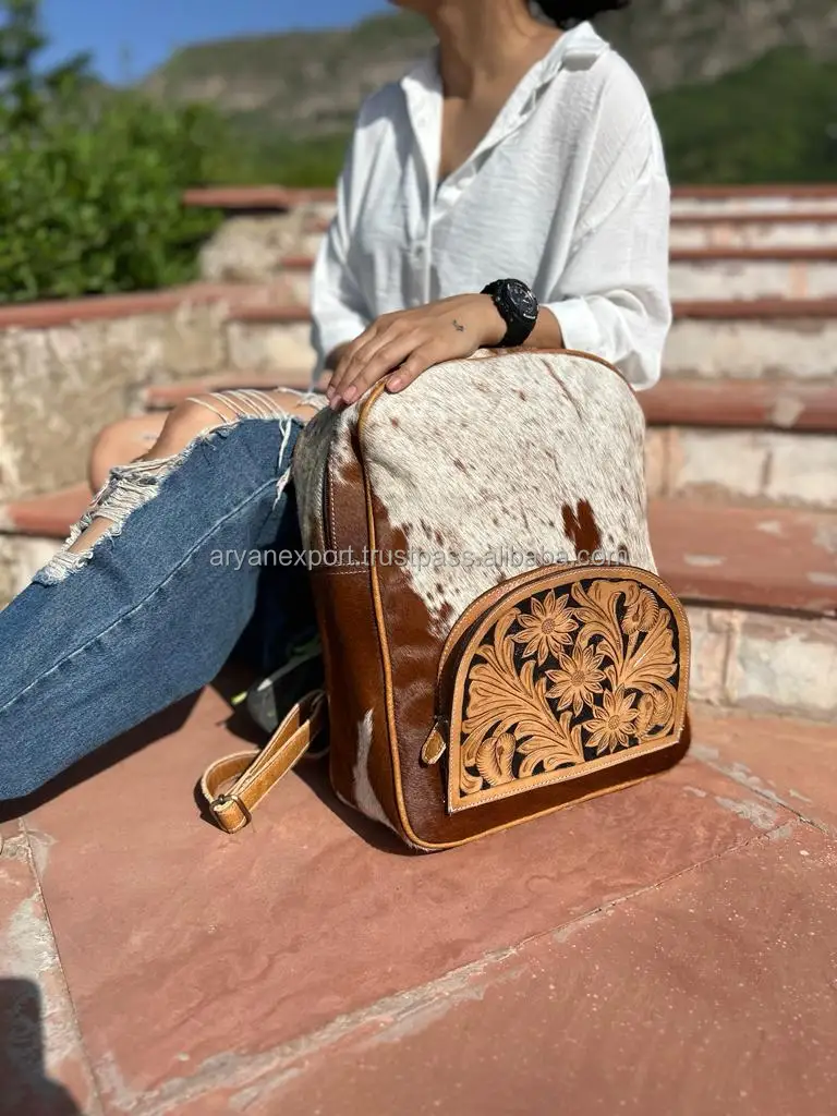 New Stylish Hot Fashion Hand Tooled Cowhide Fur Leather Backpack ...