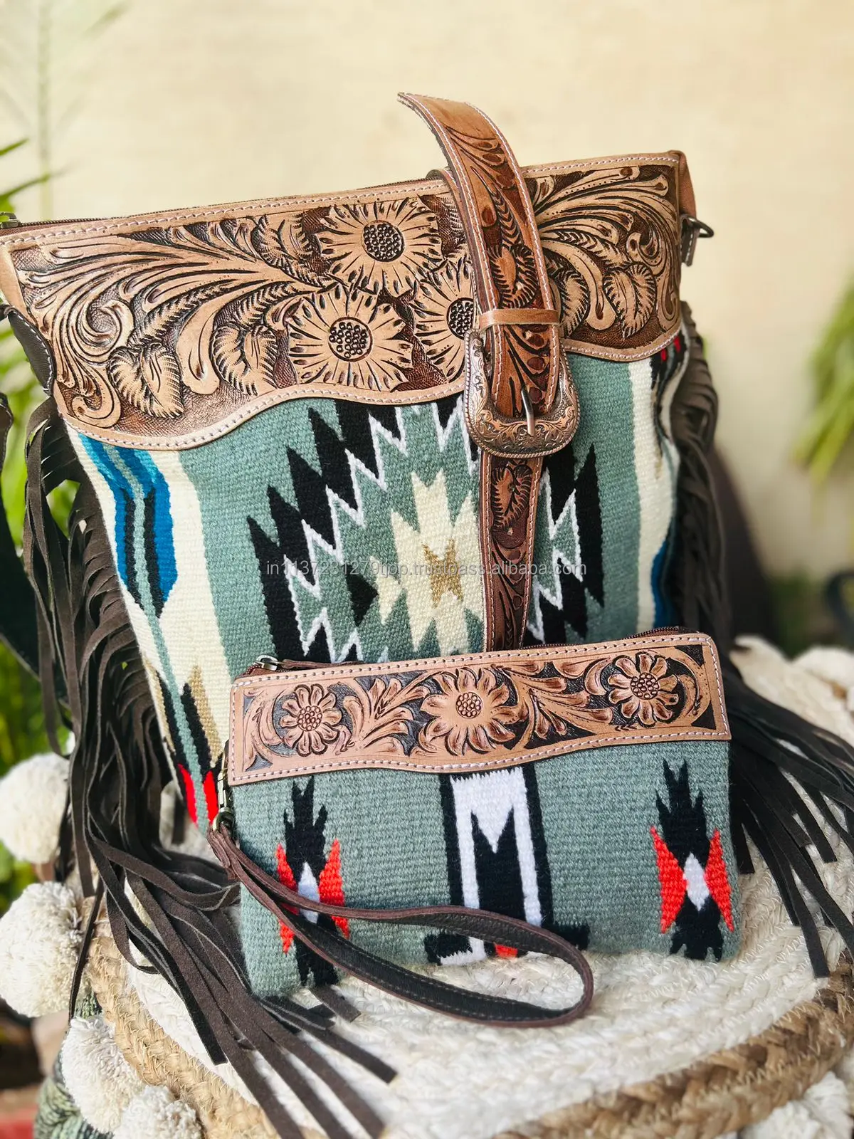 New Western Traditional Style Aztec Tooled Leather Handbag Women's ...