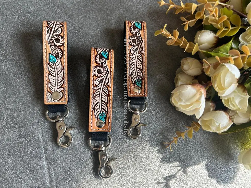 Stylish Hand Carved Tooled Leather Key Chains Embossed Floral Print ...