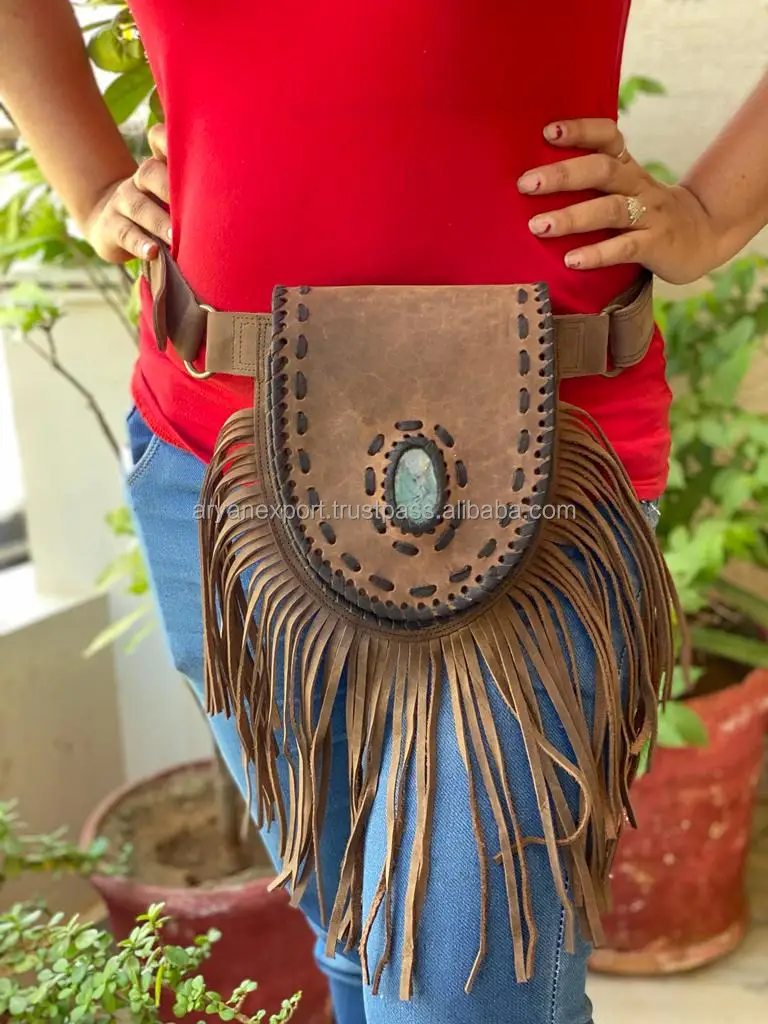 Real Handmade Leather Money Belt Fringe Leather Waist Pocket Belts ...