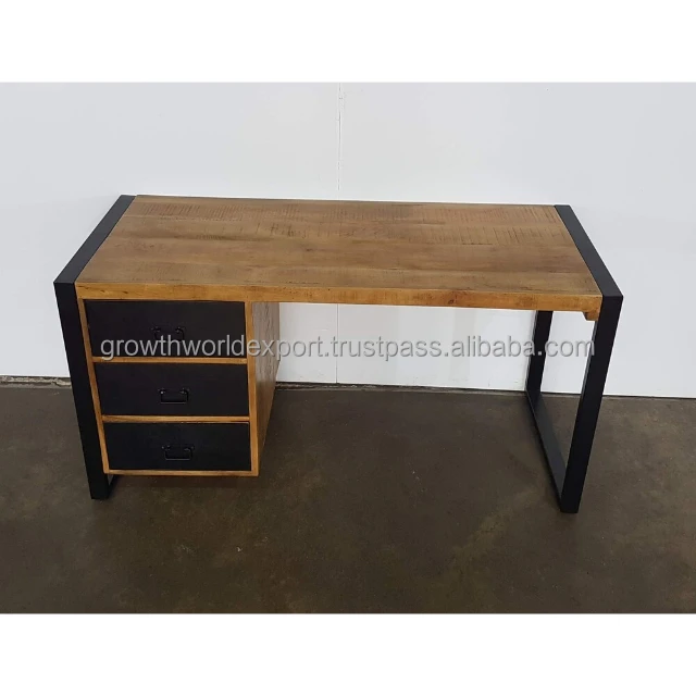 Industrial Solid Mango Wood Study Table with 3 Drawers Modular Luxury ...