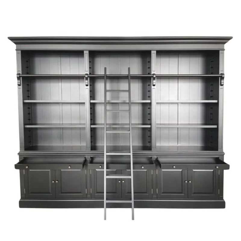 Three Bay Bookcase with Ladder - Solid Wood Library Furniture