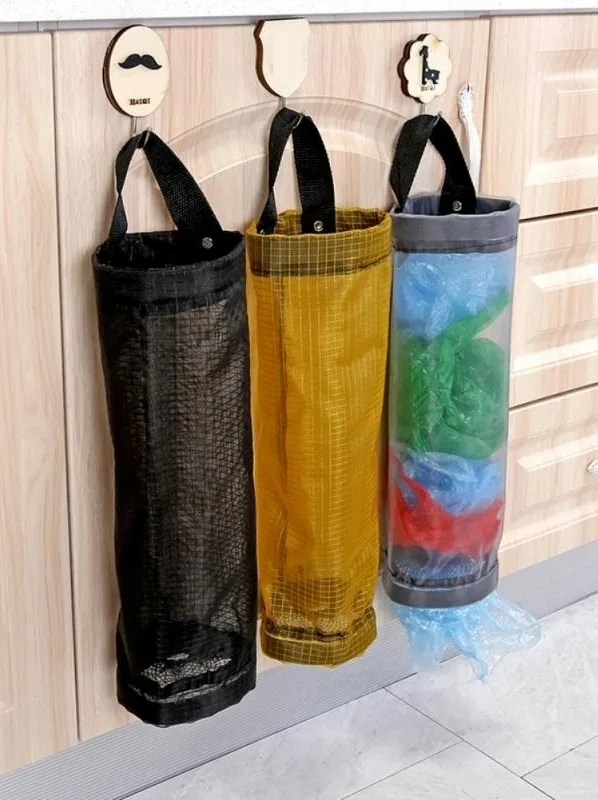 Hanging Garbage Bag Storage Bag Wall Mount Kitchen Mesh Plastic Bag ...