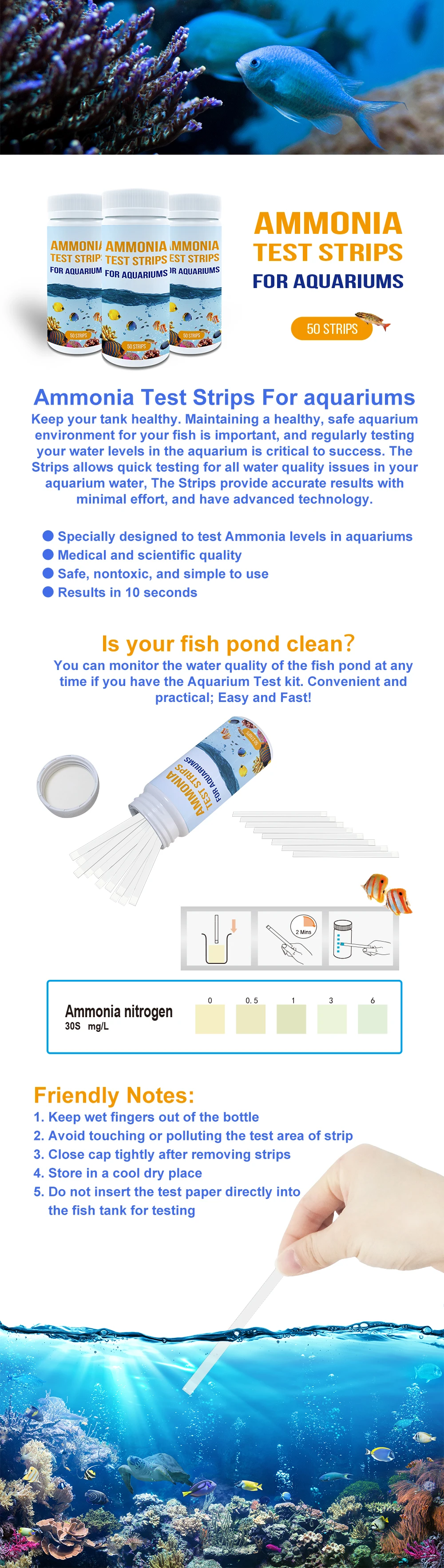 Merydi Ammonia Nitrogen test Strips for Aquarium or Fish Pond test ...