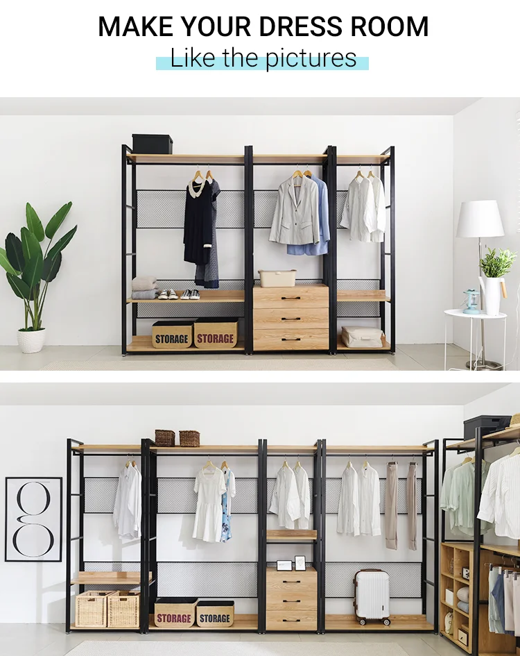 Industrial Metal Wooden Modern Simple Open Bedroom Wardrobe Closet ...