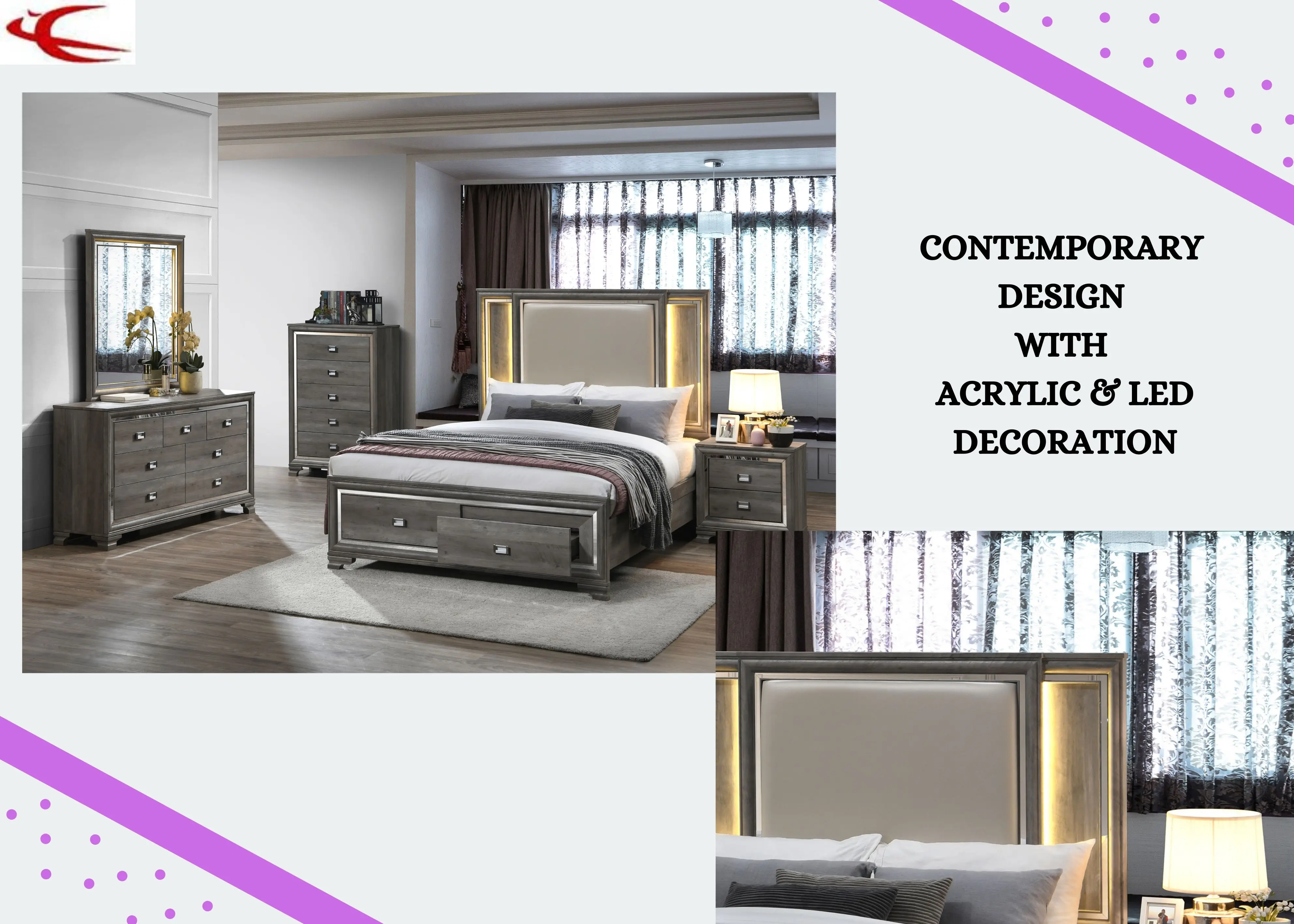 Luxury 5PCS Wooden Bedroom Set with Acrylic & LED Lights