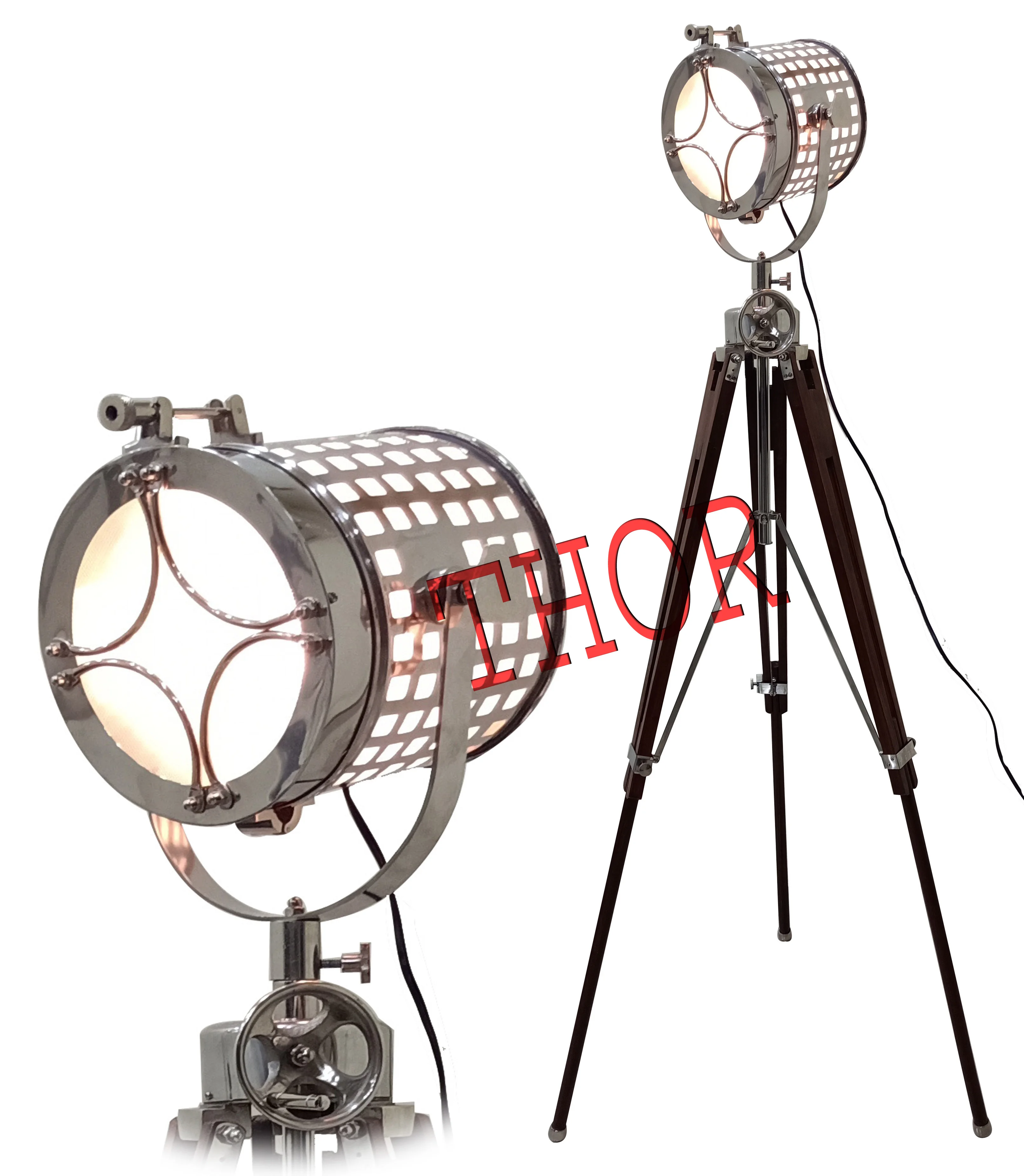 Vintage Chrome Spotlight Floor Lamp Wooden Tripod Stand With Decorative ...