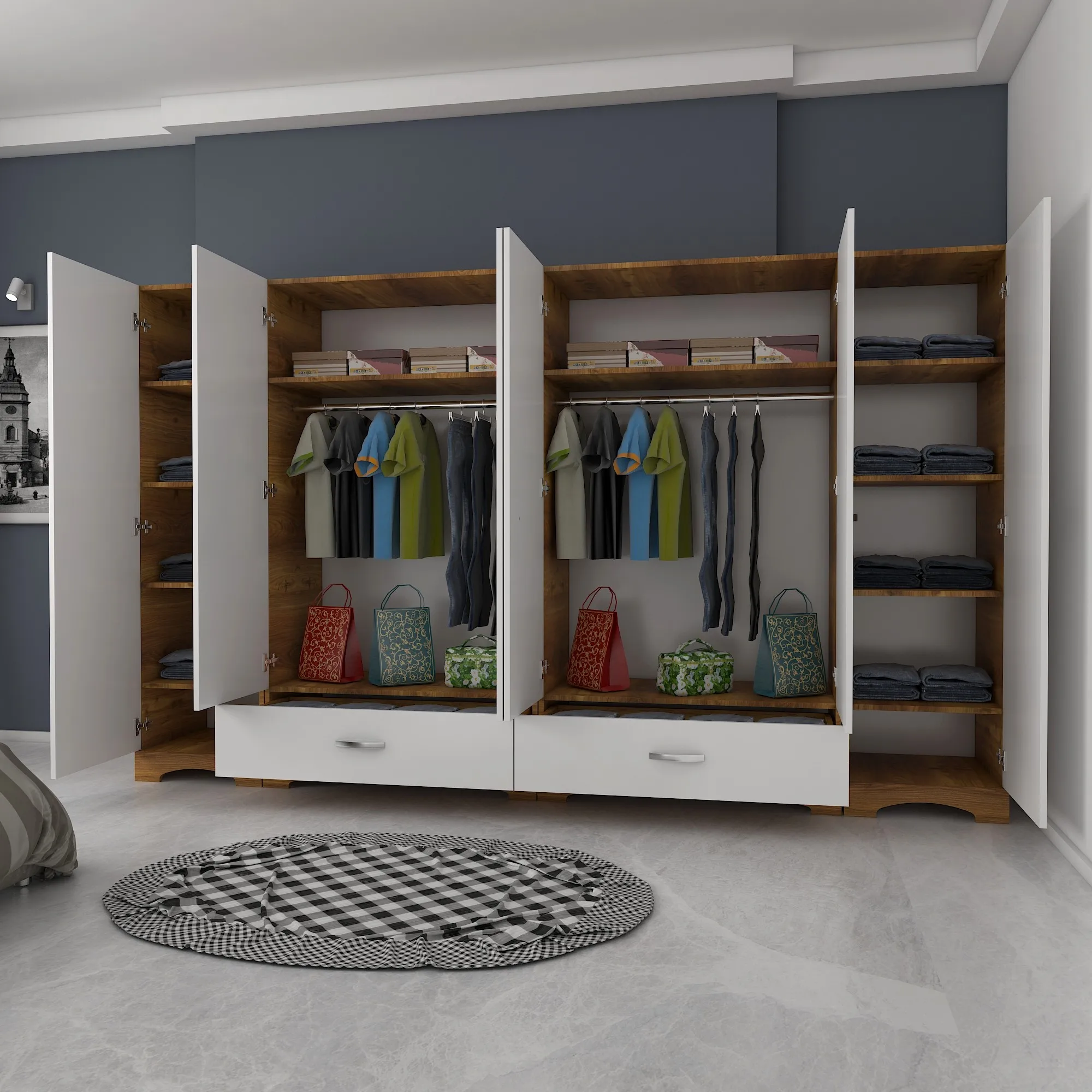 Rani F4 M25 Wardrobe With 6 Doors 2 Drawers White M-walnut Color Super ...