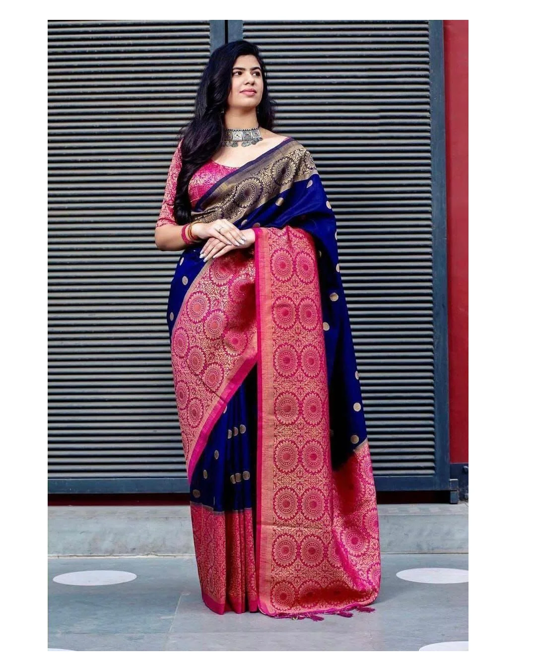 Infinity Dark Navy Blue & Pink Border Soft Lichi Silk Saree,Jacquard ...