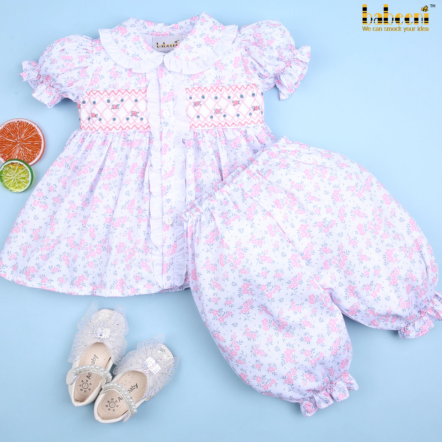 Floral Hand Smocked Girl Pyjama OEM ODM Kids Clothing Wholesale