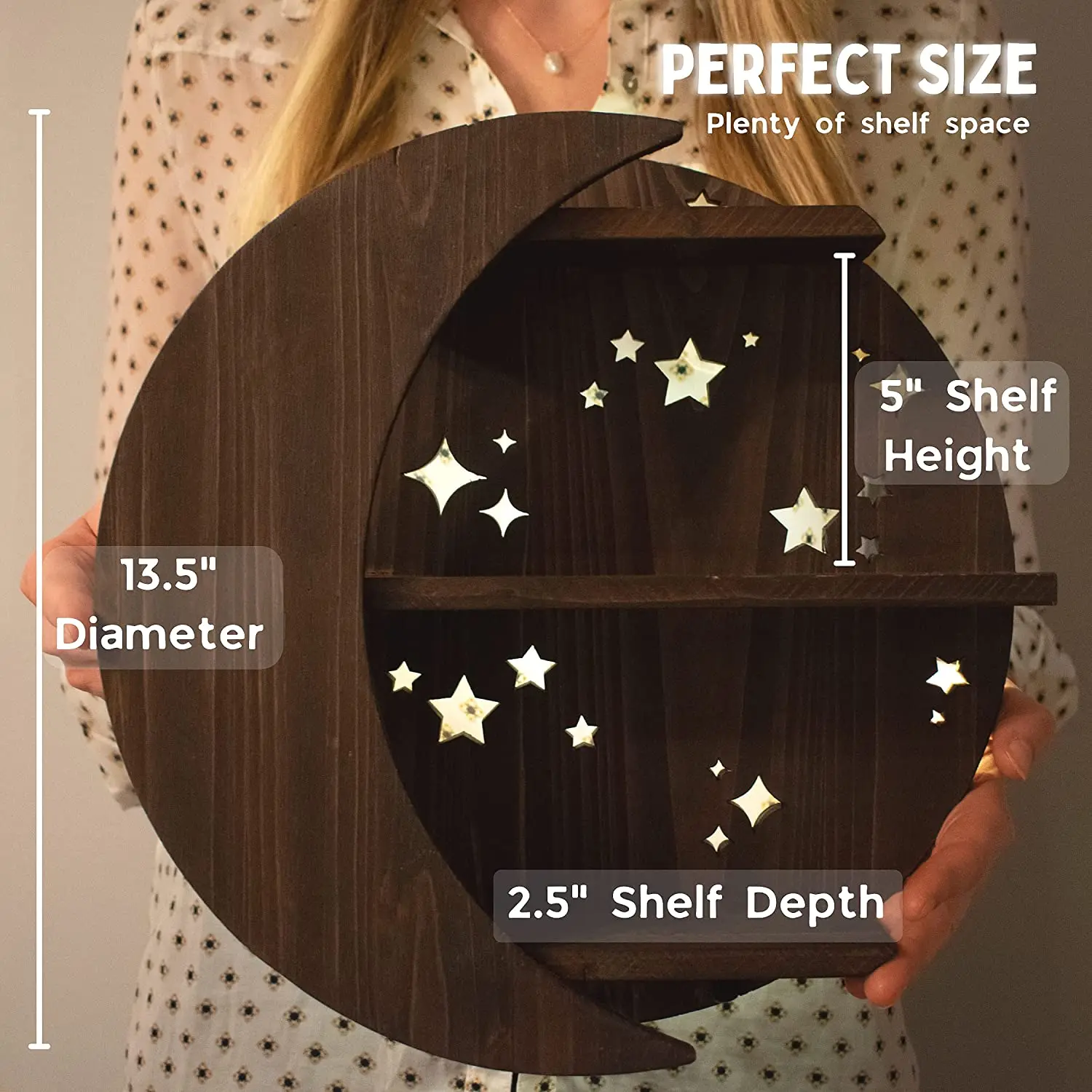 Wooden Moon Shelf with LED Lights - Stylish Wall Decor