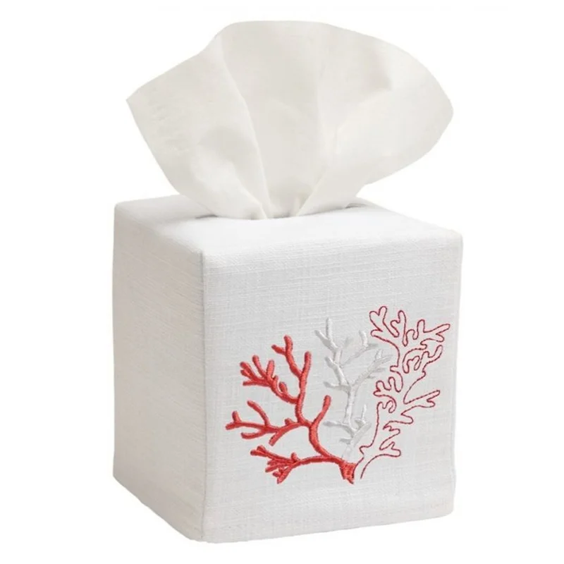 Embroidery Red Coral Tissue Box Cover - High Quality Linen