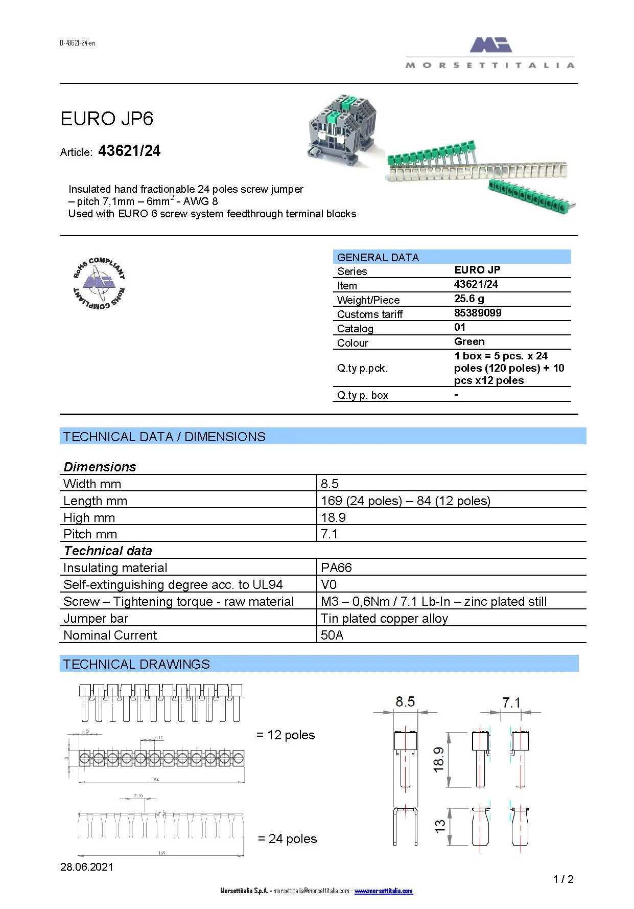 Euro Jp6 Insulated 24 Poles Screw-jumper -pitch 7,1mm - Made In Italy ...