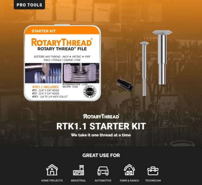 Rotary Thread RTK1.1 Starter Kit 3 Pcs Fix Bolts Thread restoration Quickly and Easily Fix Inch ...
