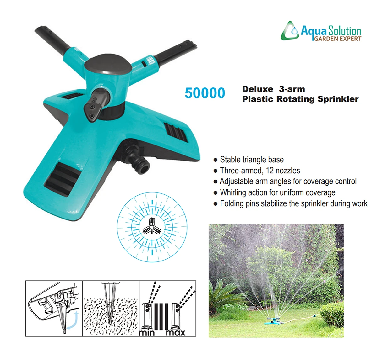 3-arm Plastic Rotating Sprinkler Garden Lawn Sprinkler Automatic Water ...