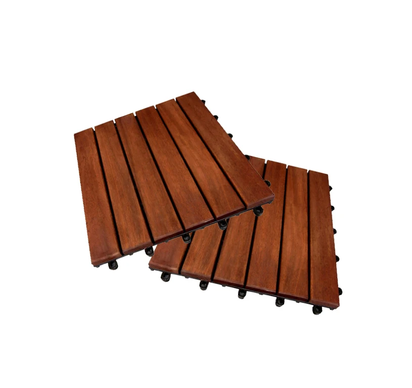 Acacia Wooden Floor Tiles Interlocking 6 Slats Wood And Plastic Base ...
