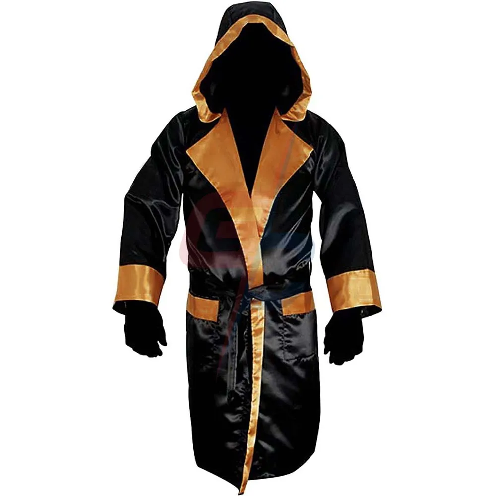 Boxing Robe with Hood - Satin, Black Gold, Custom Sizes