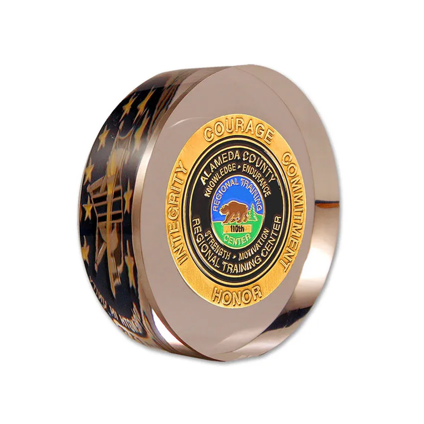 Custom Made Crystal Glass Lucite Challenge Coin Paperweight