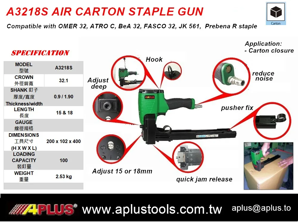 Aplus A3218,Pneumatic Carton Air Stapler,32.1mm Crown,0.9x1.9mm Shanks ...