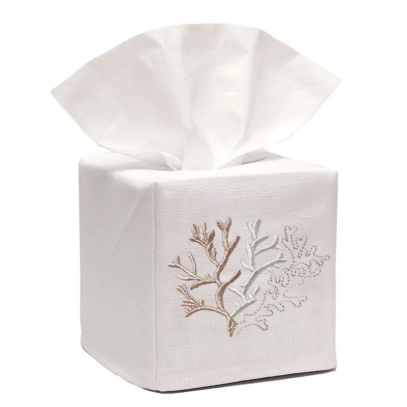 Embroidery Red Coral Tissue Box Cover - High Quality Linen