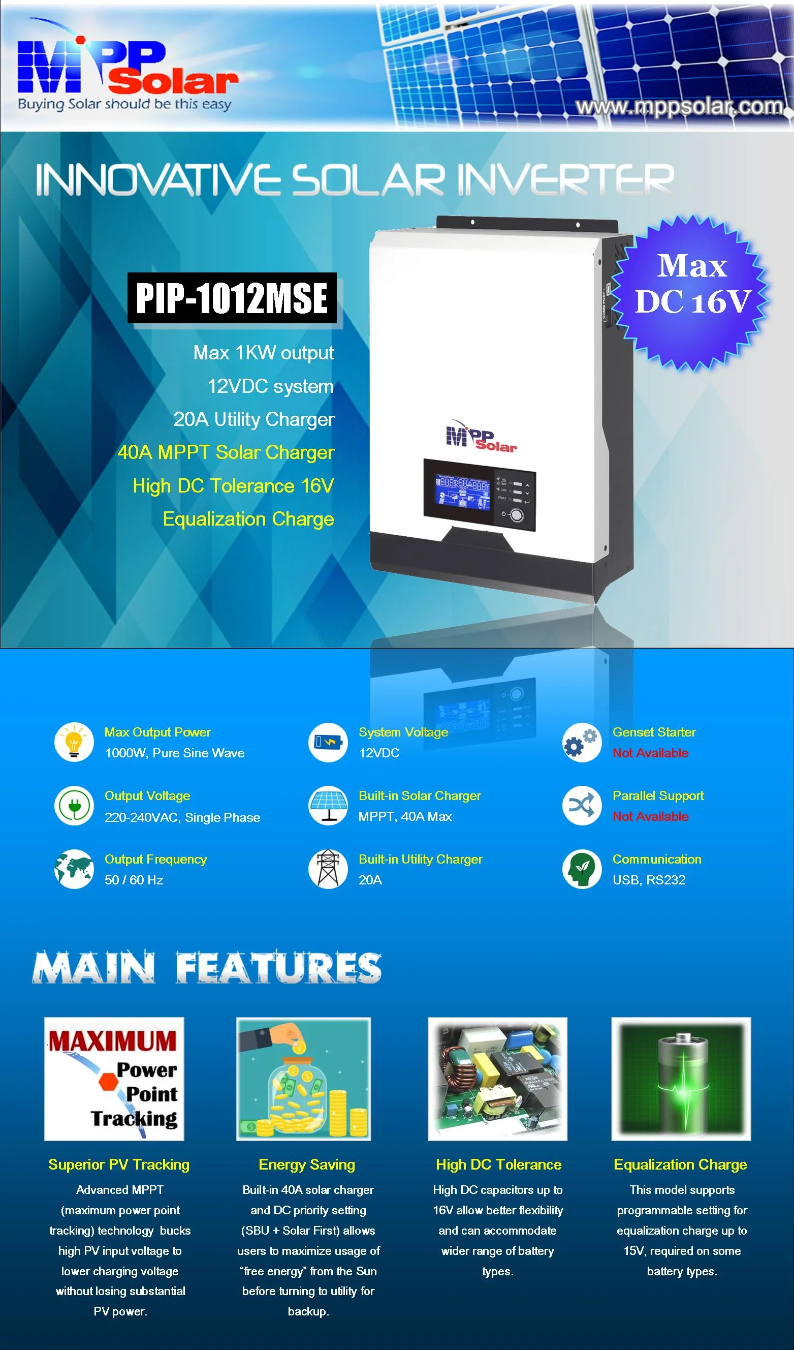 PIP1012MSE 1000w MPP Solar Inverter - Efficient off-Grid Solution