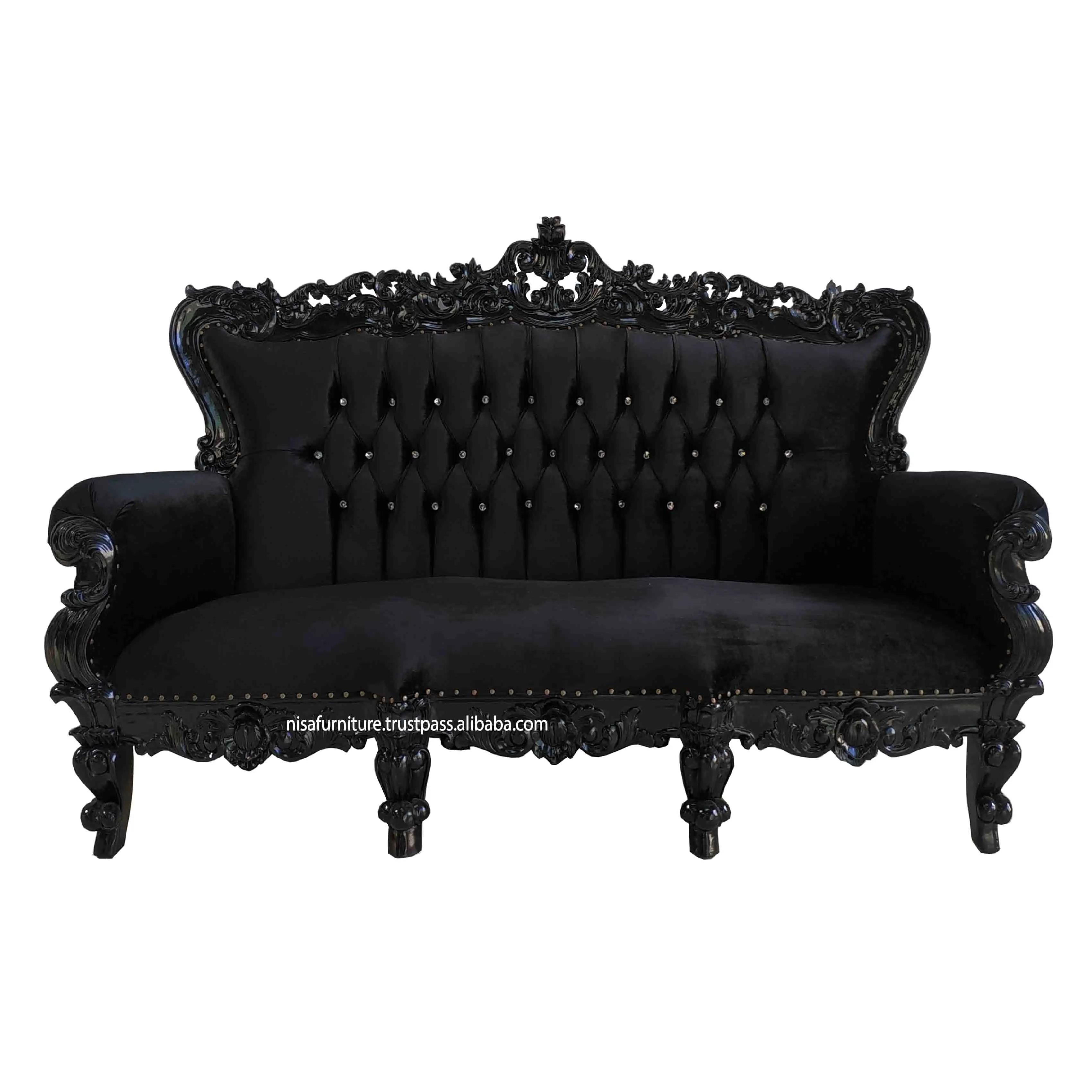 Black Velvet French Rococo Baroque Living Room Sofas Wooden Frame Three ...