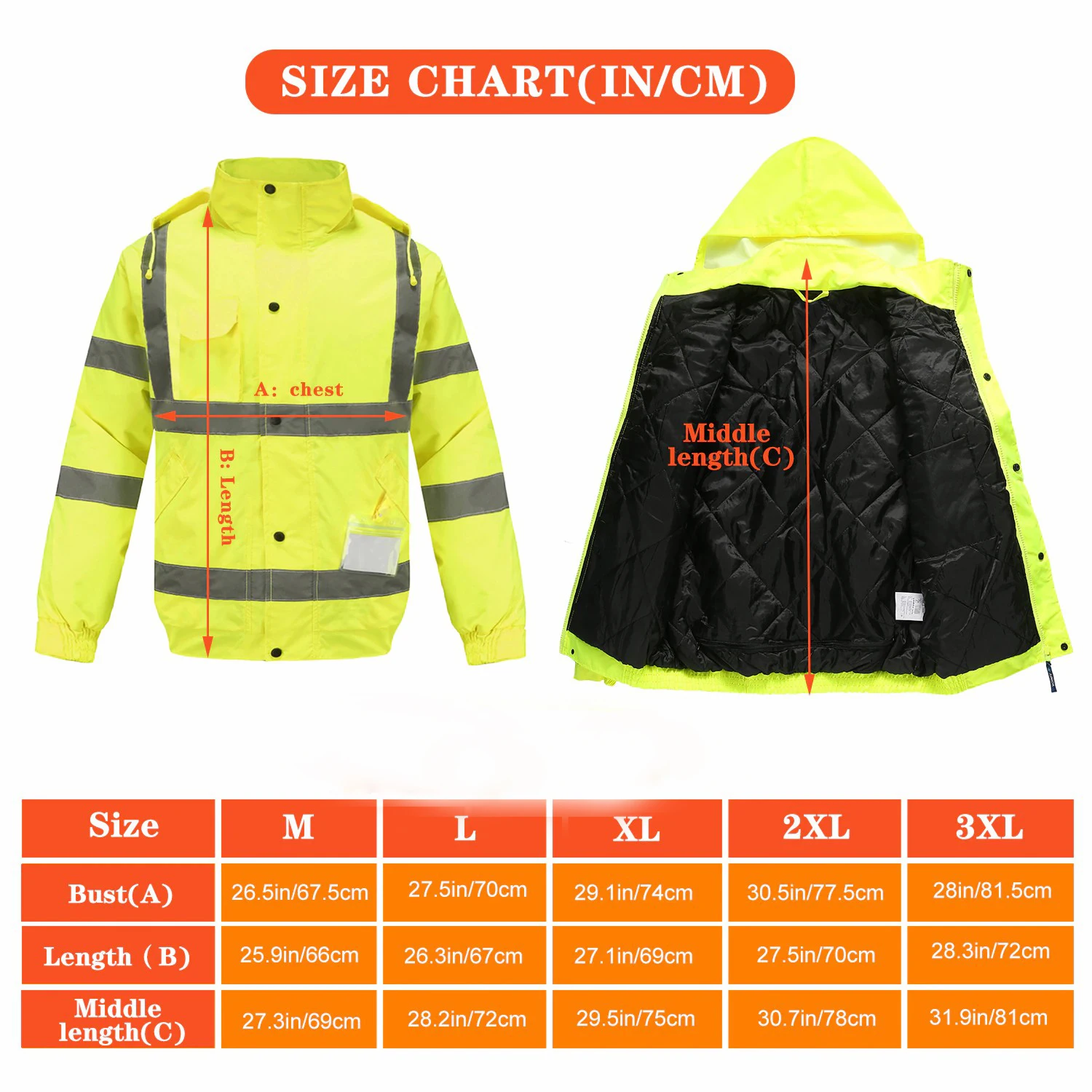 Mens Hi Vis Bomber Jacket - Water Resistant & Reflective