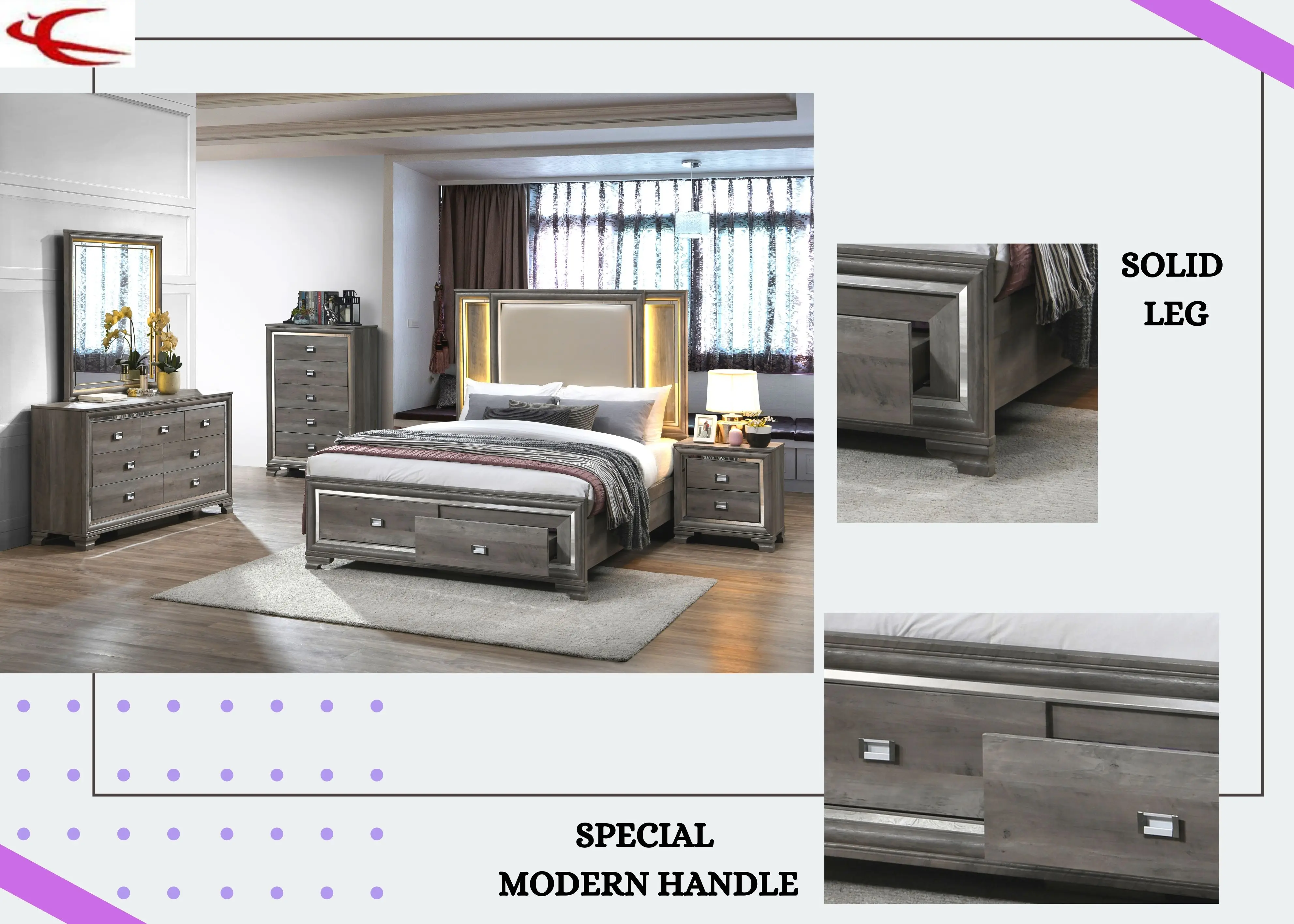 Luxury 5PCS Wooden Bedroom Set with Acrylic & LED Lights