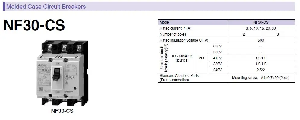 NF-30CS 2P 30A 500VAC Mitsubishi MCCB Series - Reliable Protection
