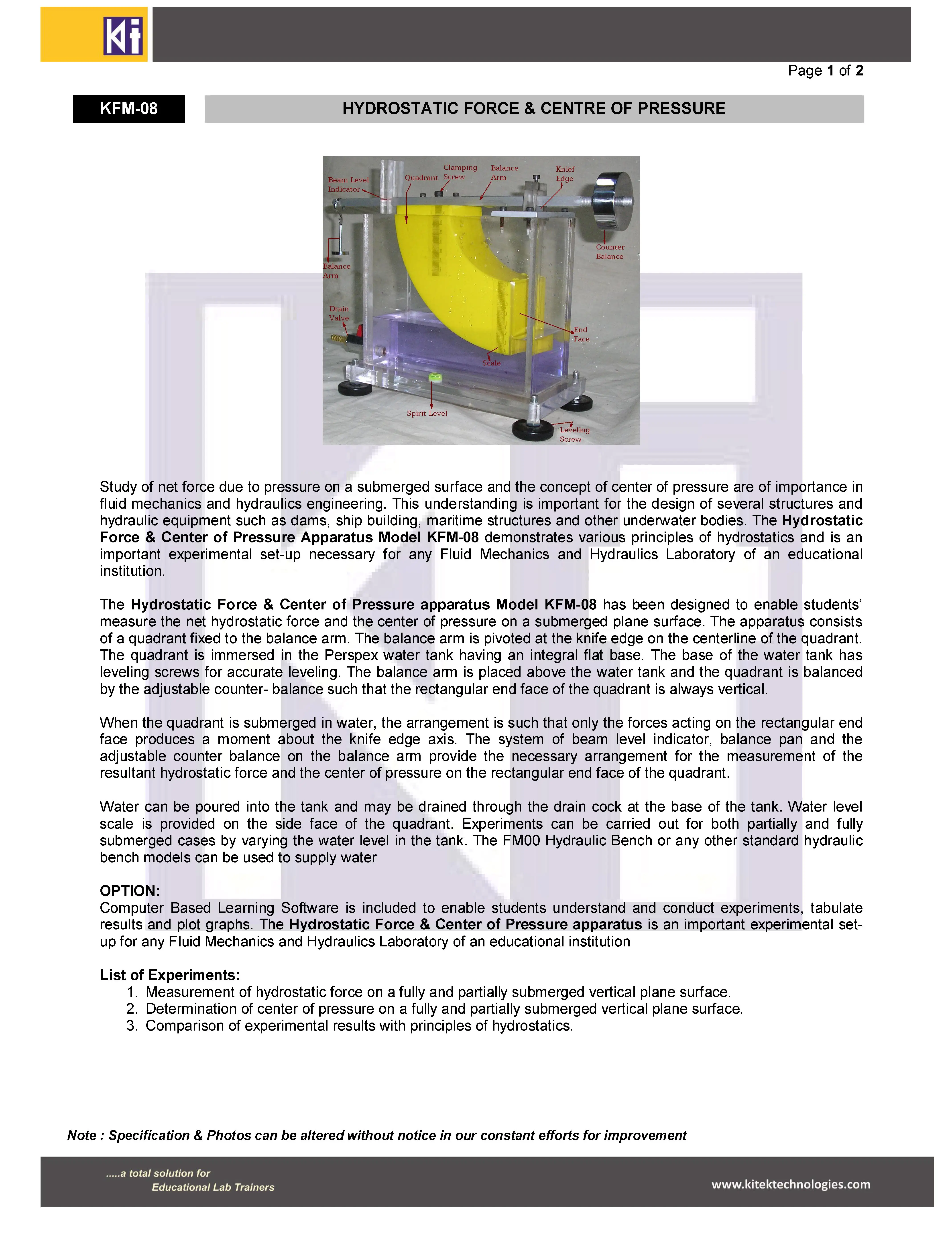 Fluid Mechanics Lab Equipment: Hydrostatic Force & Pressure Center ...