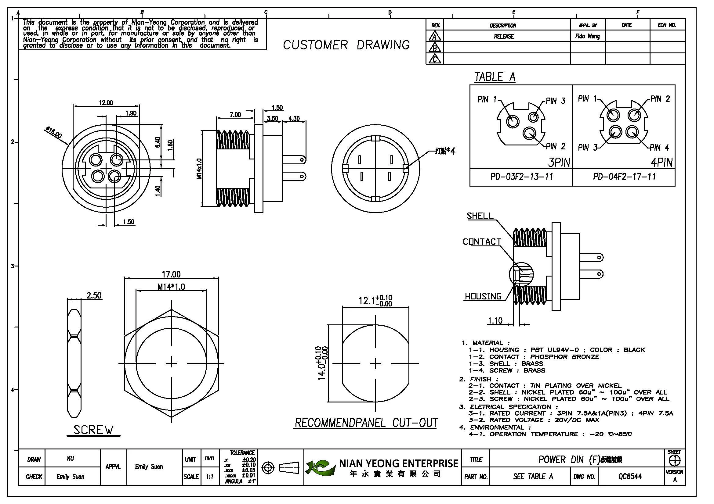 Power Din 4PIN Front Lock Solder Type Connector by Nian-yeong