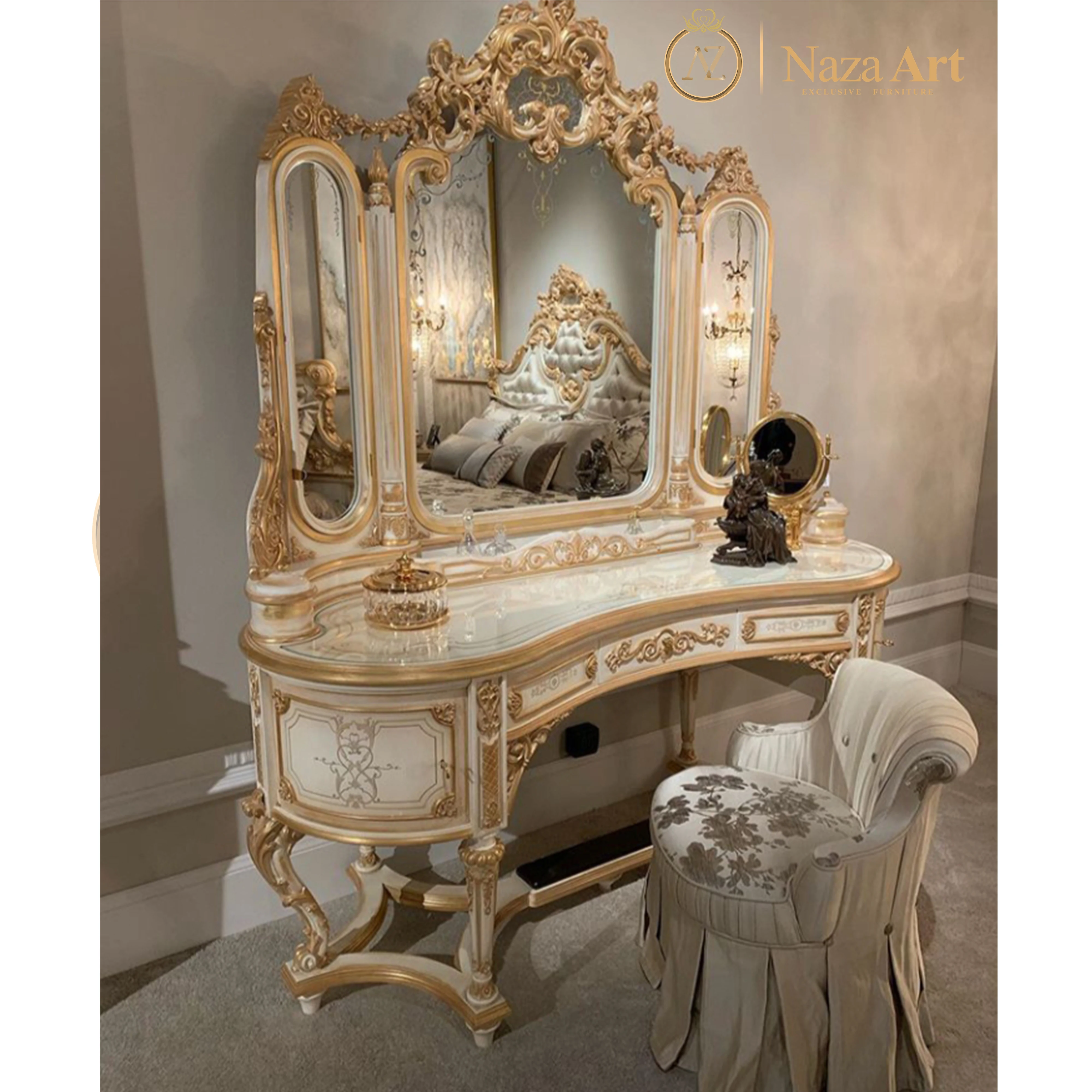 Luxury Design Makeup Vanities With Mirror Elegant Carved Classic Luxury Italian Dressing Table ...
