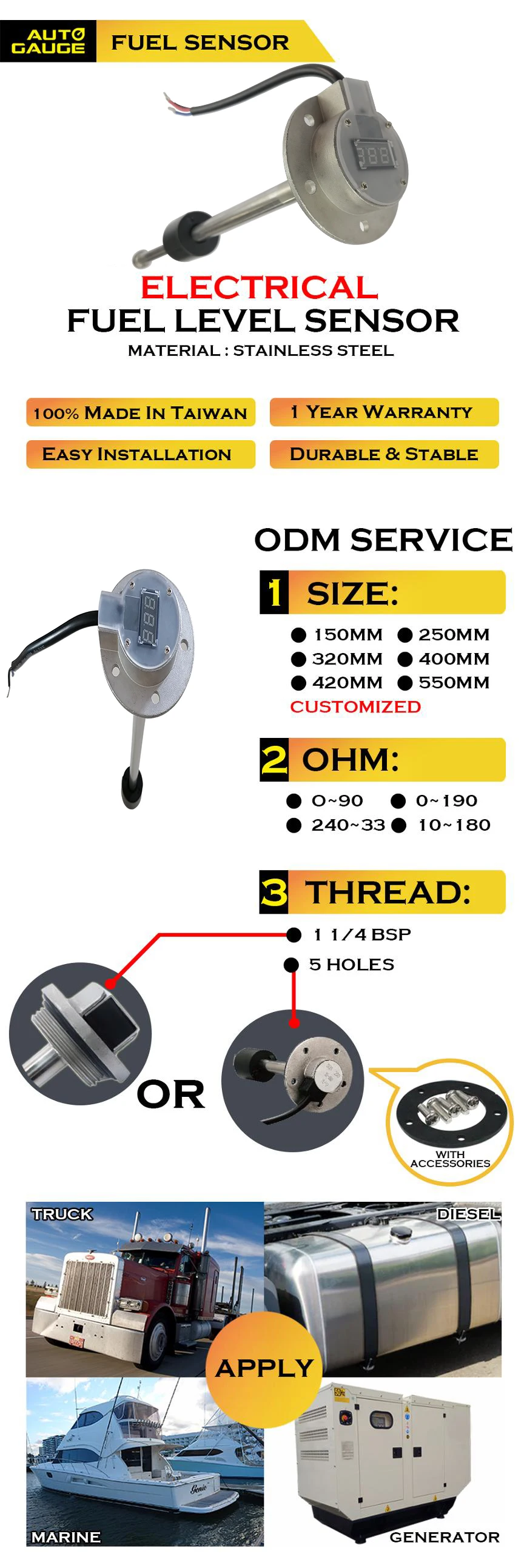 460 Mm Electrical Fuel Water Tank Level Sensor for Bus Truck Marine