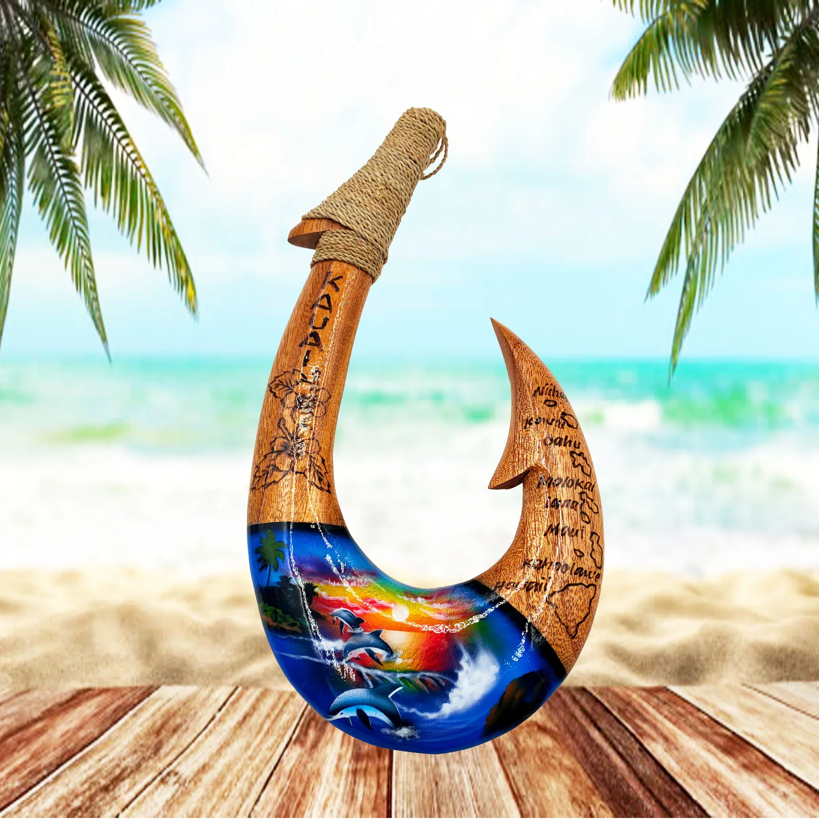 Handmade Standing Wooden Fish Hook Hawaiian Hei Matau 12 Inches With ...