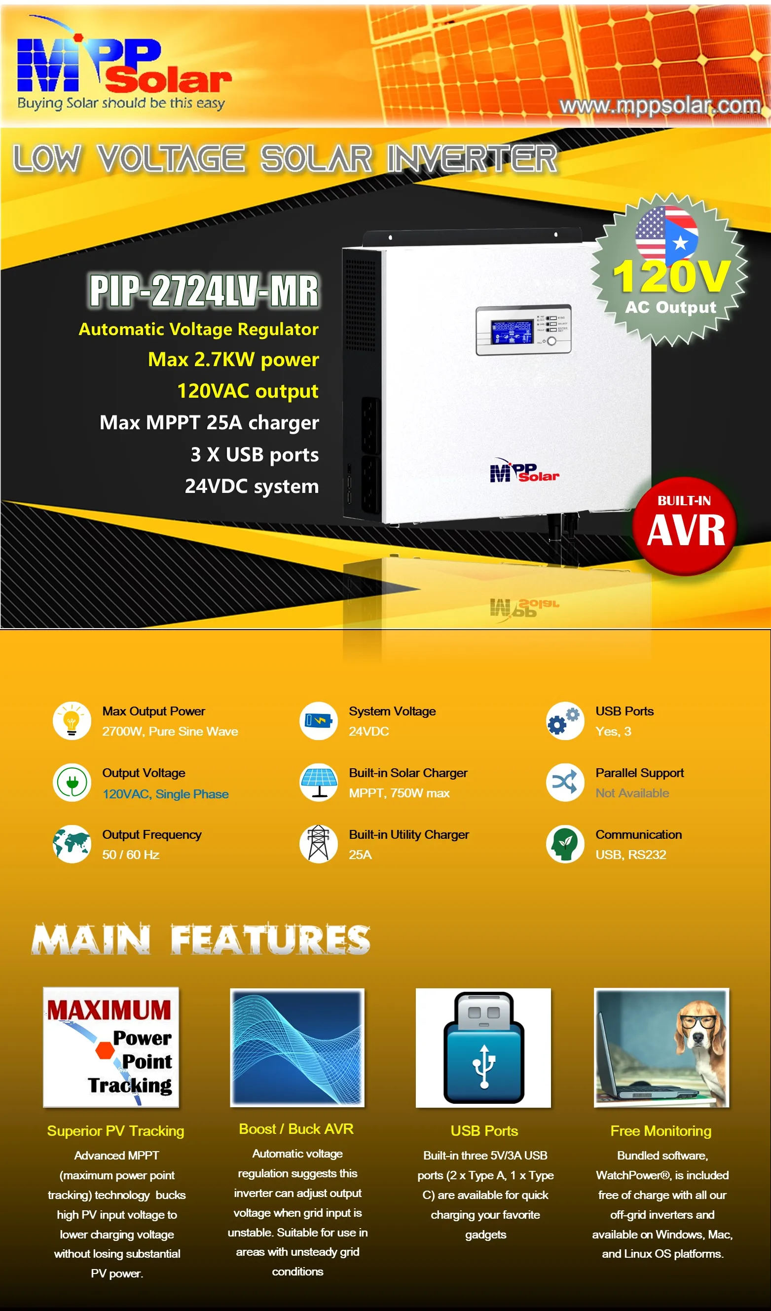 MPP Solar Inverter PIP2724LV-MR - 2700w off-Grid Solution